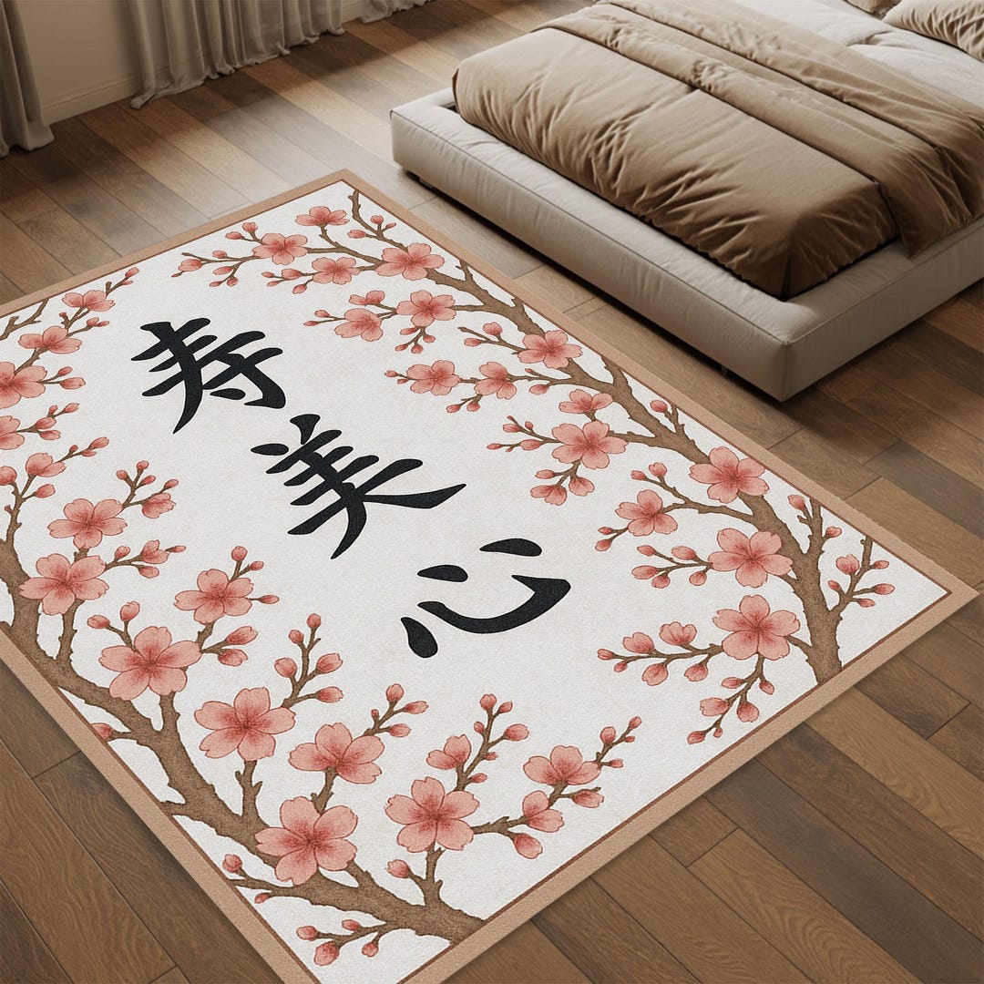 Sakura Rug, Japanese Rug, Cherry Blossom Carpet, Zen Style Mat, Kanji ...
