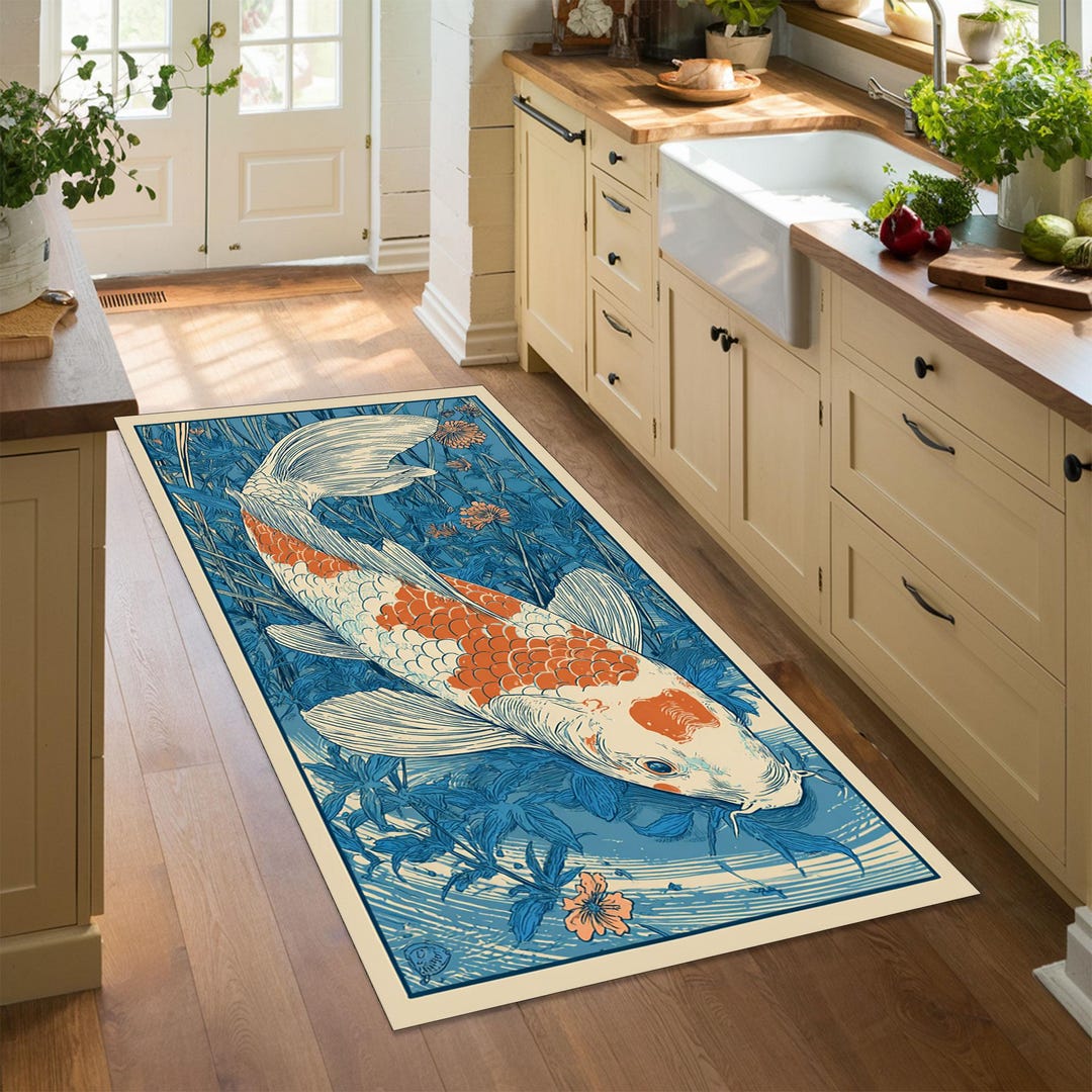 Koi Fish Runner Rug, Japanese Art Carpet, Zen Inspired Blue Cream Floor ...
