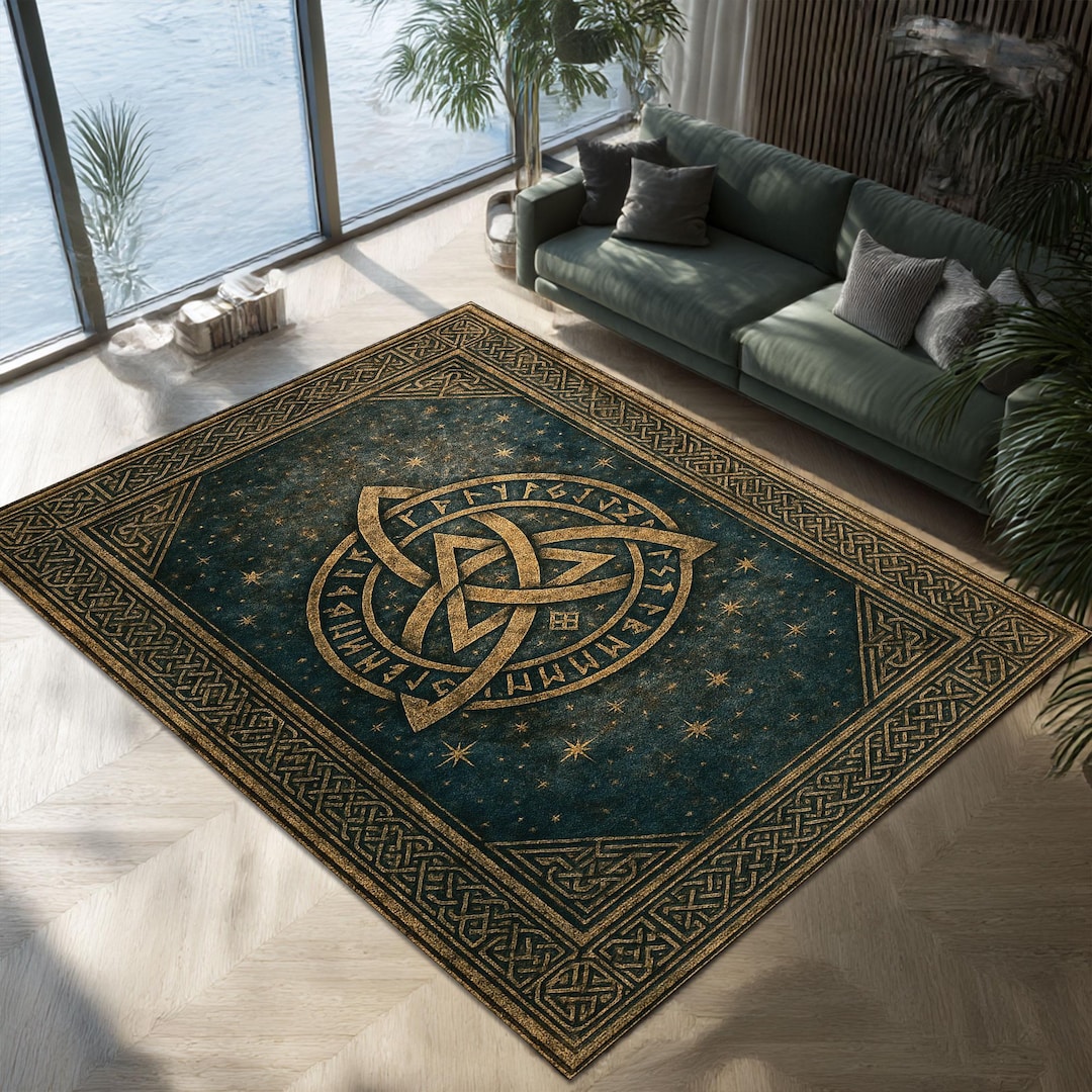 Runic Celtic Knot Rug, Gold Norse Pagan Carpet, Washable Mystic ...