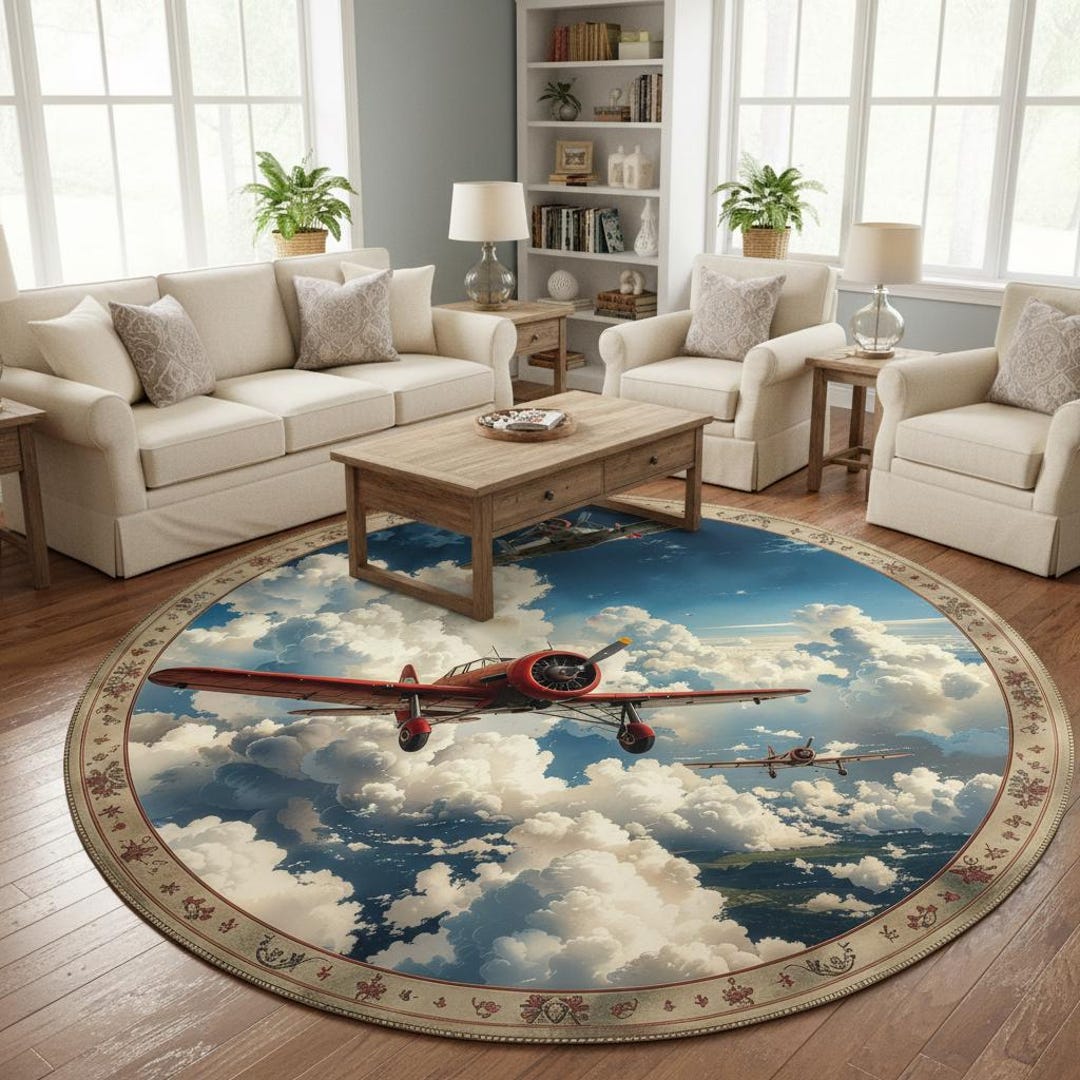 Round Airplane Rug Carpet, Vintage Aviation Art Circular Area Rug With ...