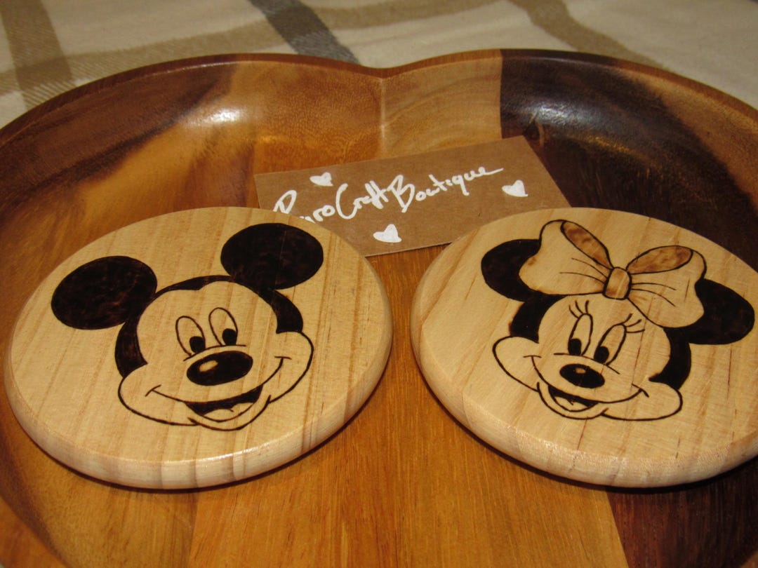 Hand-burned Wooden Minnie & Mickey Mouse Coasters - Set of 2 - Disney ...