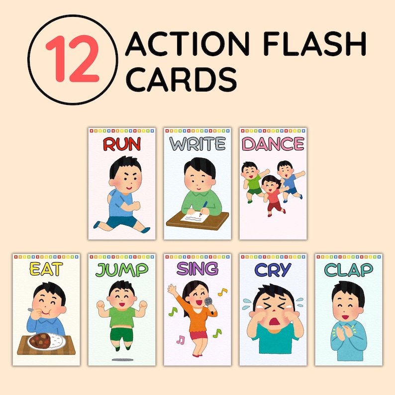 12 Action Flash Cards, Common Verbs for Kids, Toddler Learning ...
