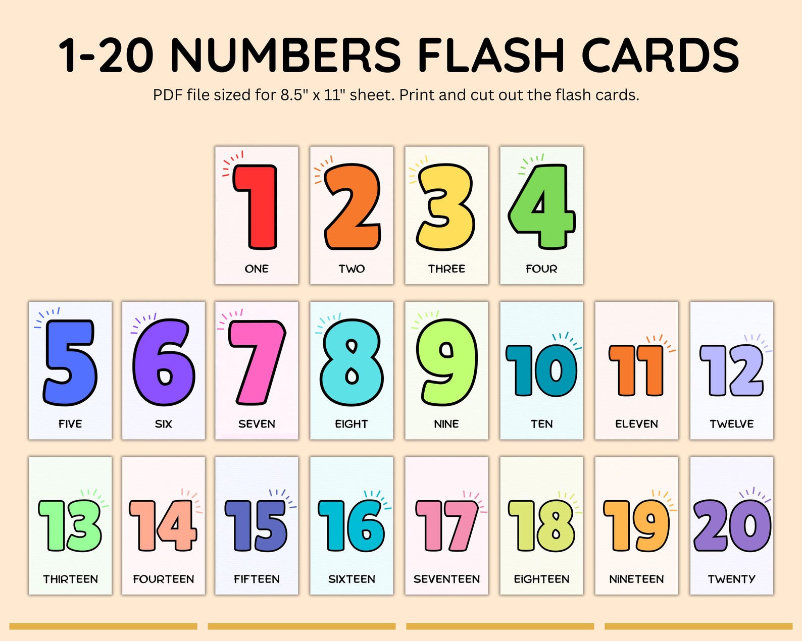 20 Number Flash Cards, Numbers 1–20, Educational Printable, Kids ...