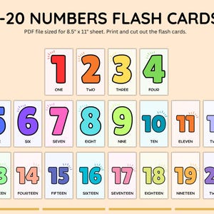 20 Number Flash Cards, Numbers 1–20, Educational Printable, Kids ...