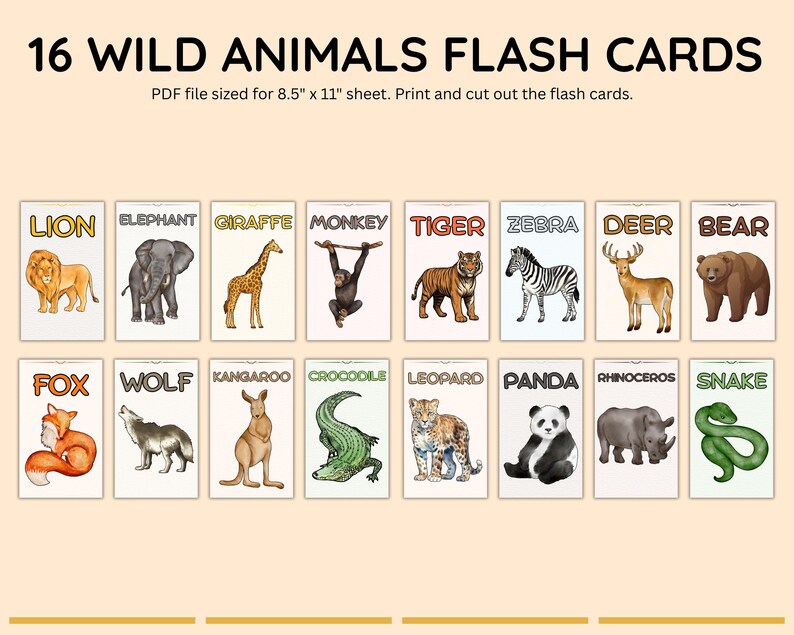 16 Wild Animals Flash Cards, Animals Flash Cards, Jungle Safari ...