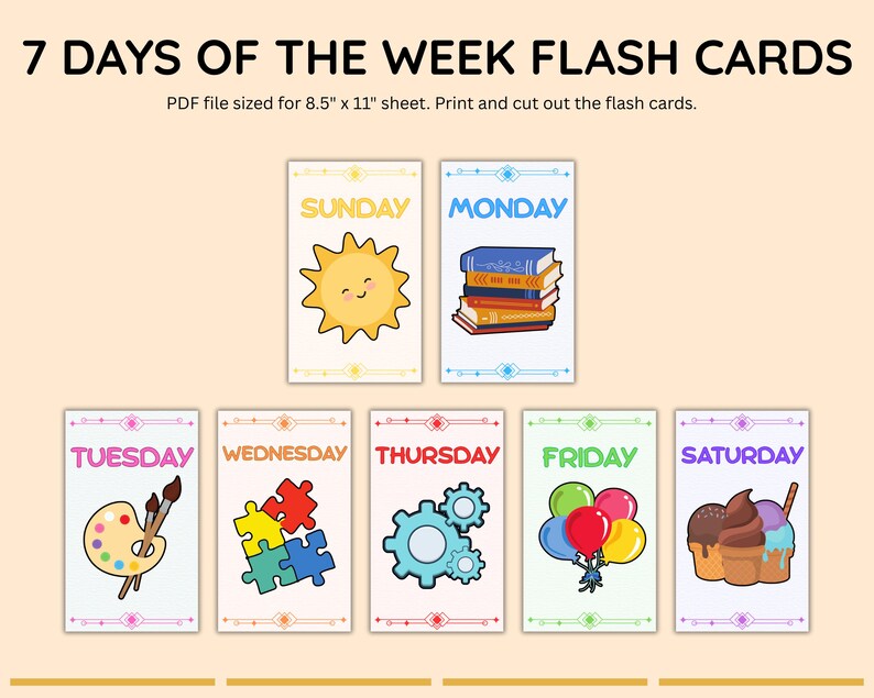 Days of the Week Flash Cards, 7 Days, Printable Flashcards for Kids ...