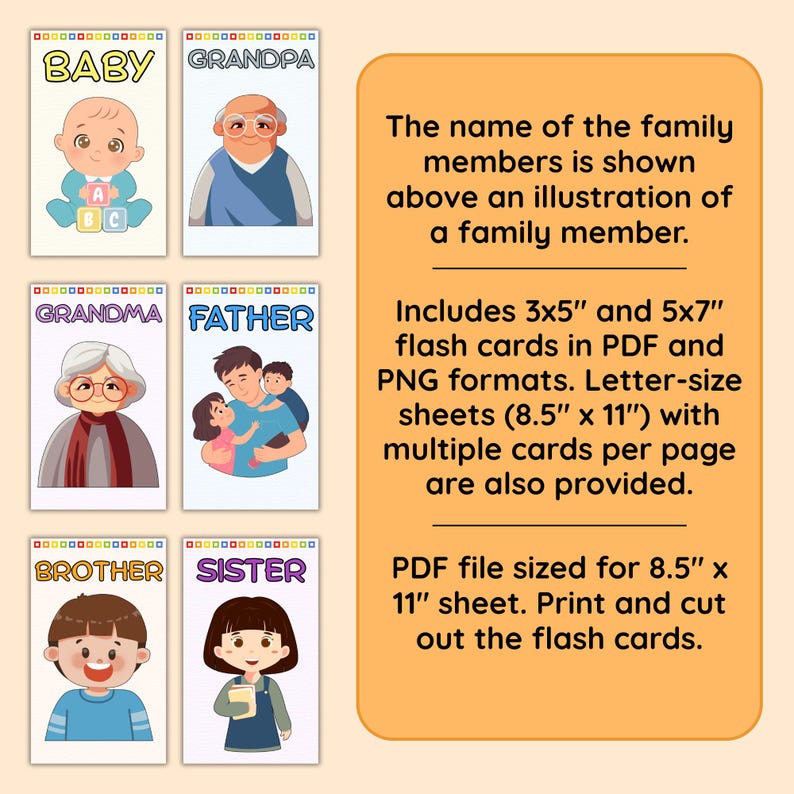 10 Family Flash Cards, Common Family Members for Kids, Toddler Learning ...