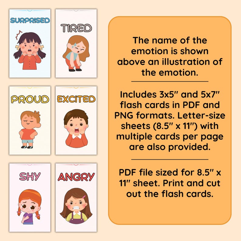 10 Emotion Flash Cards for Kids, Emotion Cards, Toddler Feelings ...