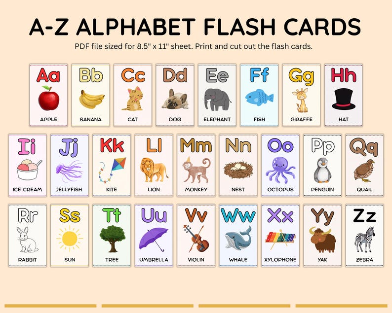 26 ABC Flash Cards, Alphabet A–Z, Educational Learning Cards, Kids ...