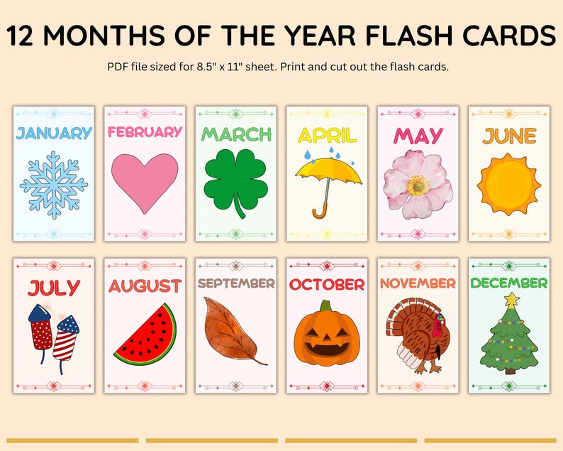 12 Months of the Year Flash Cards, Months, Printable Calendar Months ...