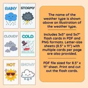 10 Weather Flash Cards, Common Weather Types for Kids, Preschool ...