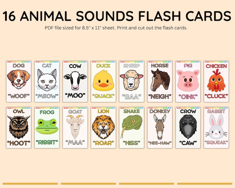 16 Animal Sounds Flash Cards, Farm & Wild Animals, Animal Sounds ...