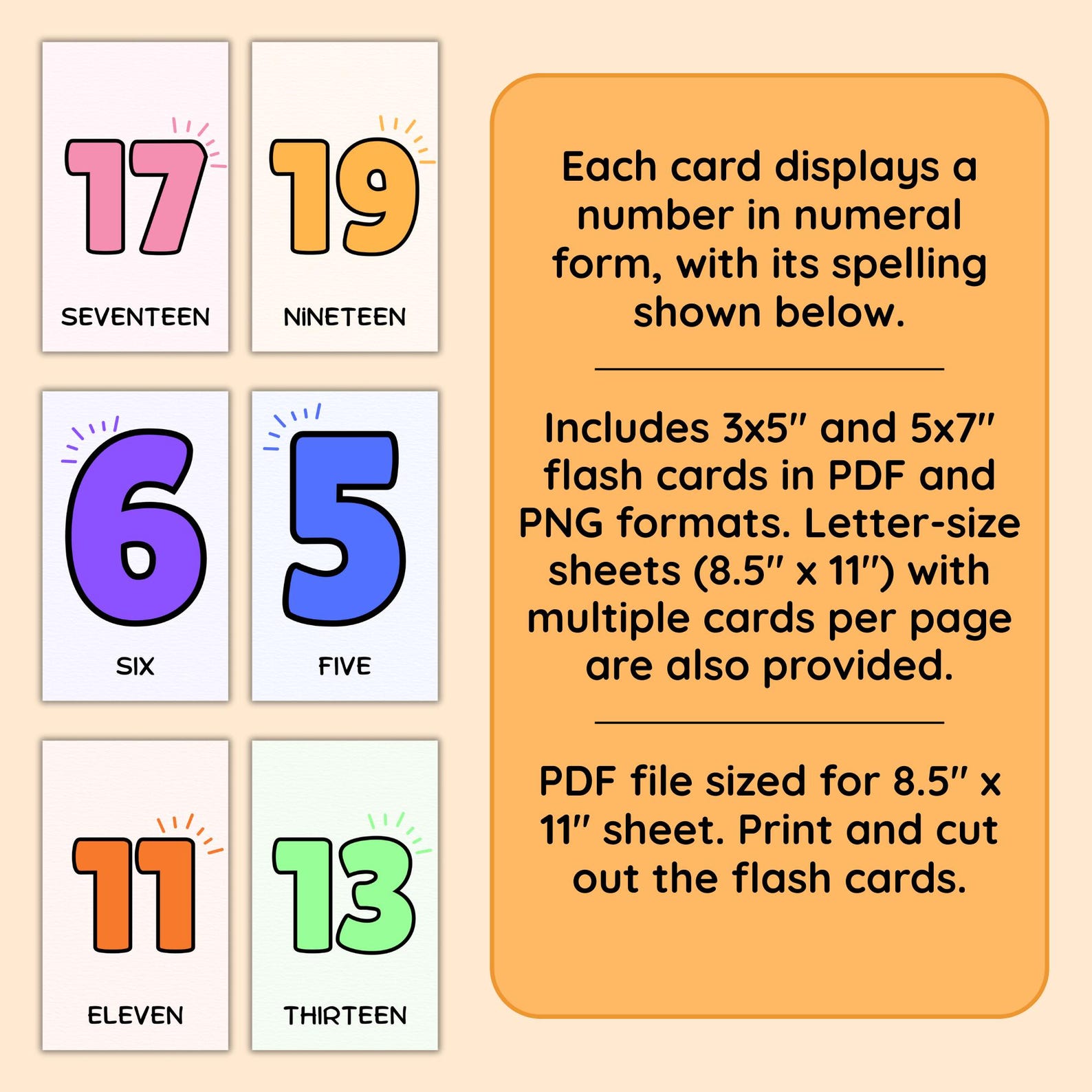 20 Number Flash Cards, Numbers 1–20, Educational Printable, Kids ...