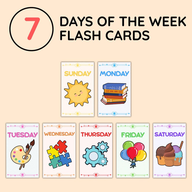Days of the Week Flash Cards, 7 Days, Printable Flashcards for Kids ...