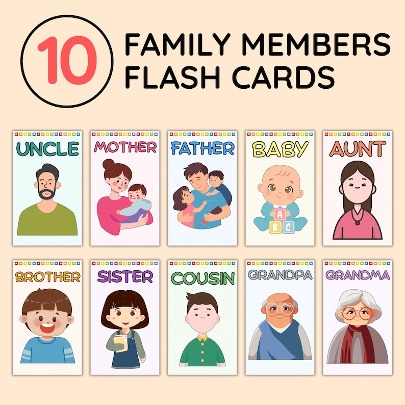 10 Family Flash Cards, Common Family Members for Kids, Toddler Learning ...