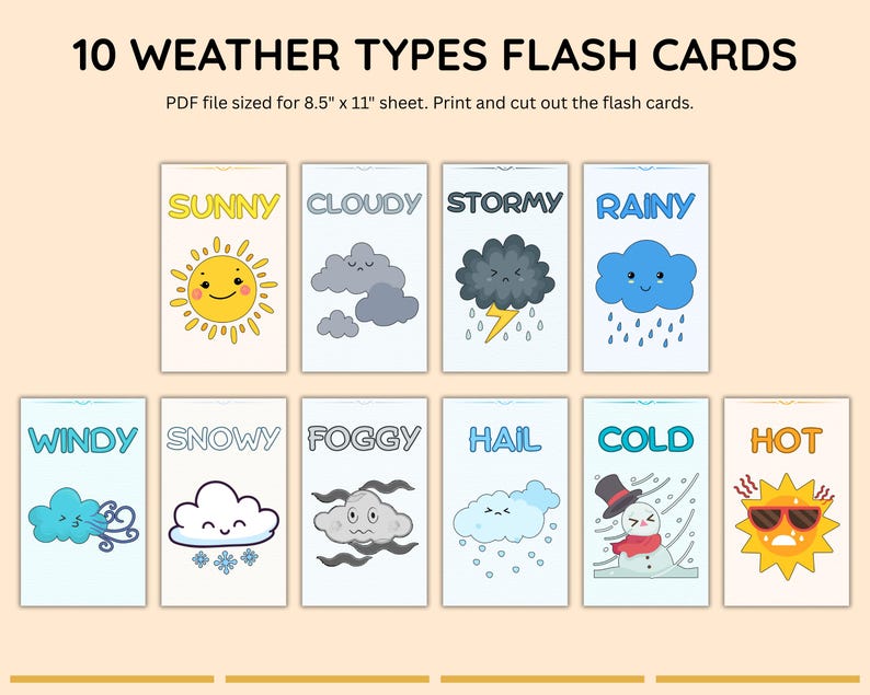 10 Weather Flash Cards, Common Weather Types for Kids, Preschool ...