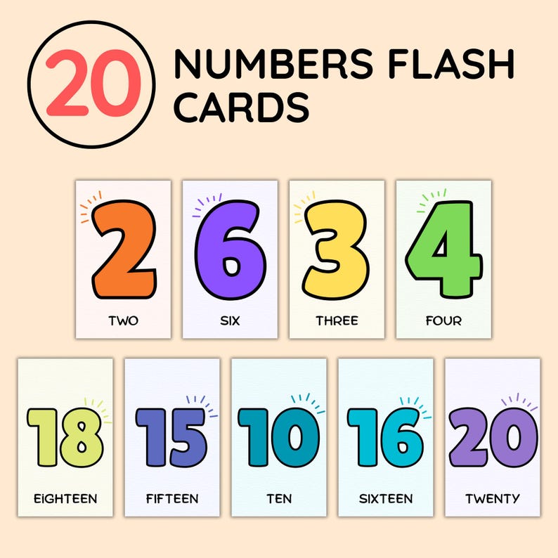 20 Number Flash Cards, Numbers 1–20, Educational Printable, Kids ...