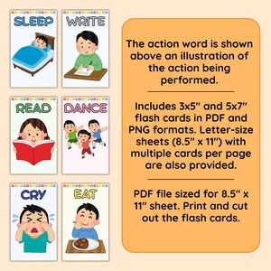 12 Action Flash Cards, Common Verbs for Kids, Toddler Learning ...