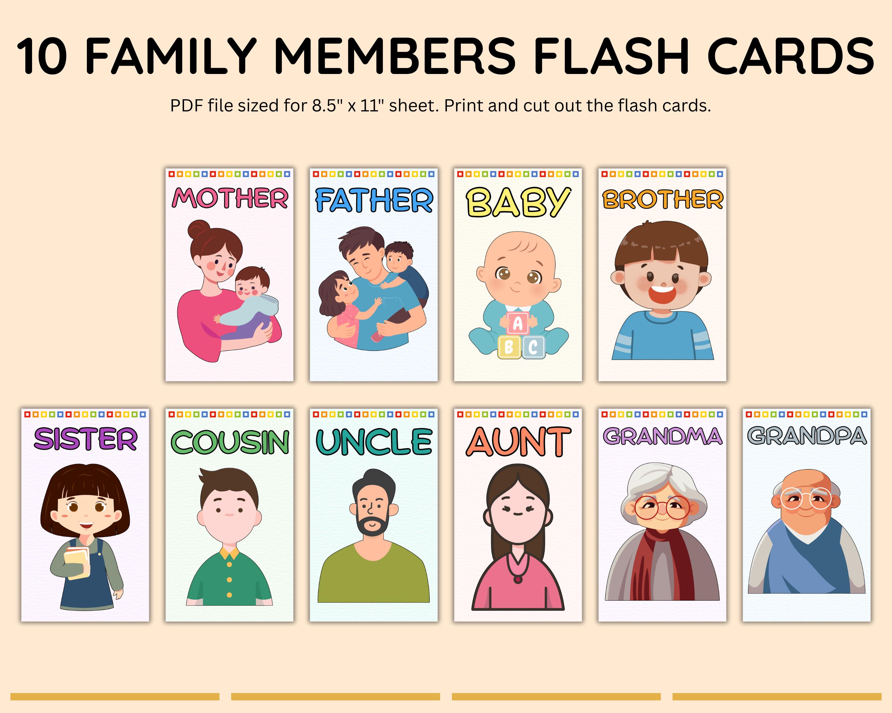 10 Family Flash Cards, Common Family Members for Kids, Toddler Learning ...