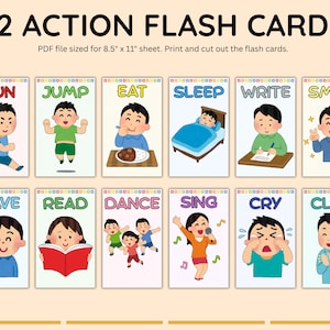 12 Action Flash Cards, Common Verbs for Kids, Toddler Learning ...