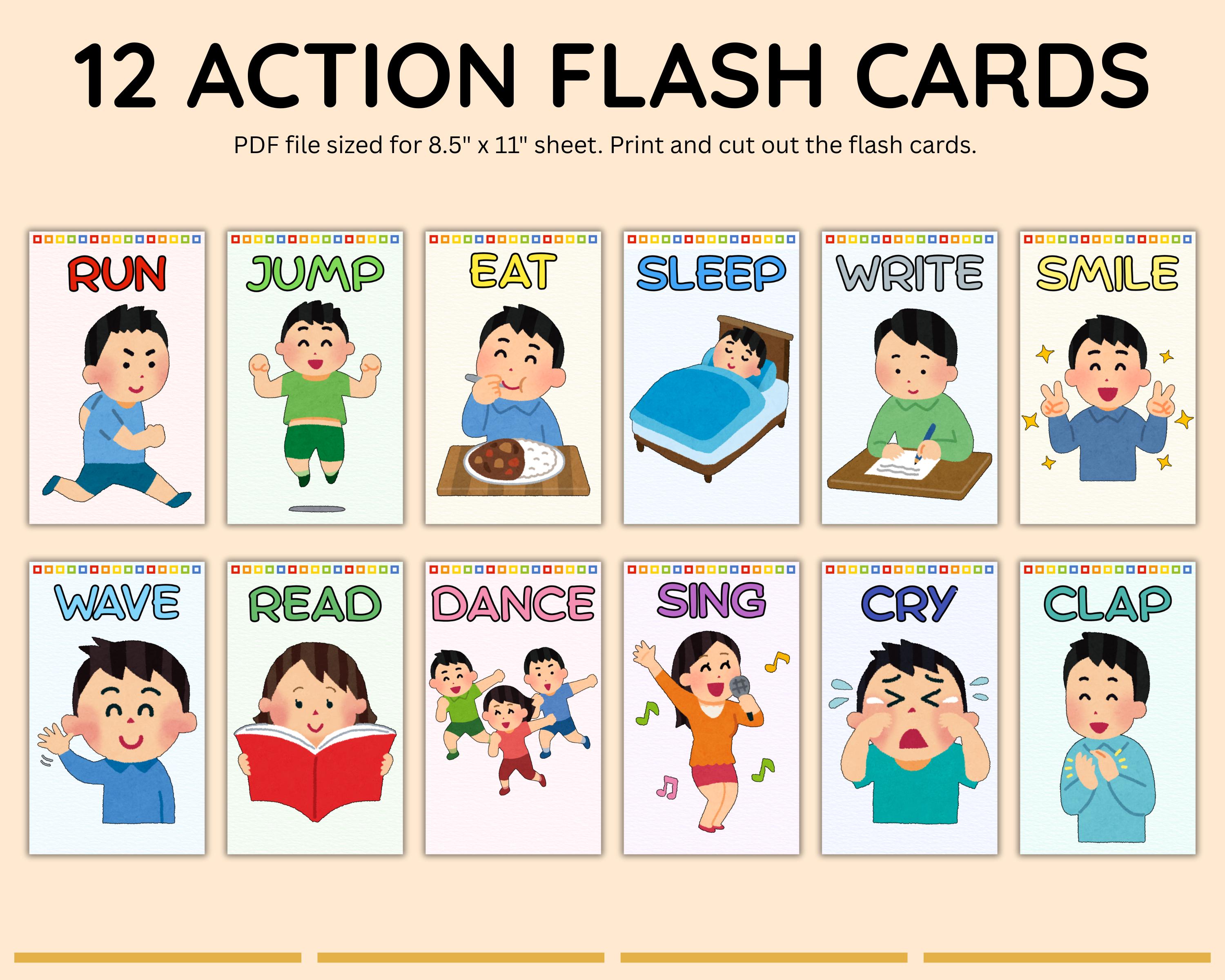 12 Action Flash Cards, Common Verbs for Kids, Toddler Learning ...