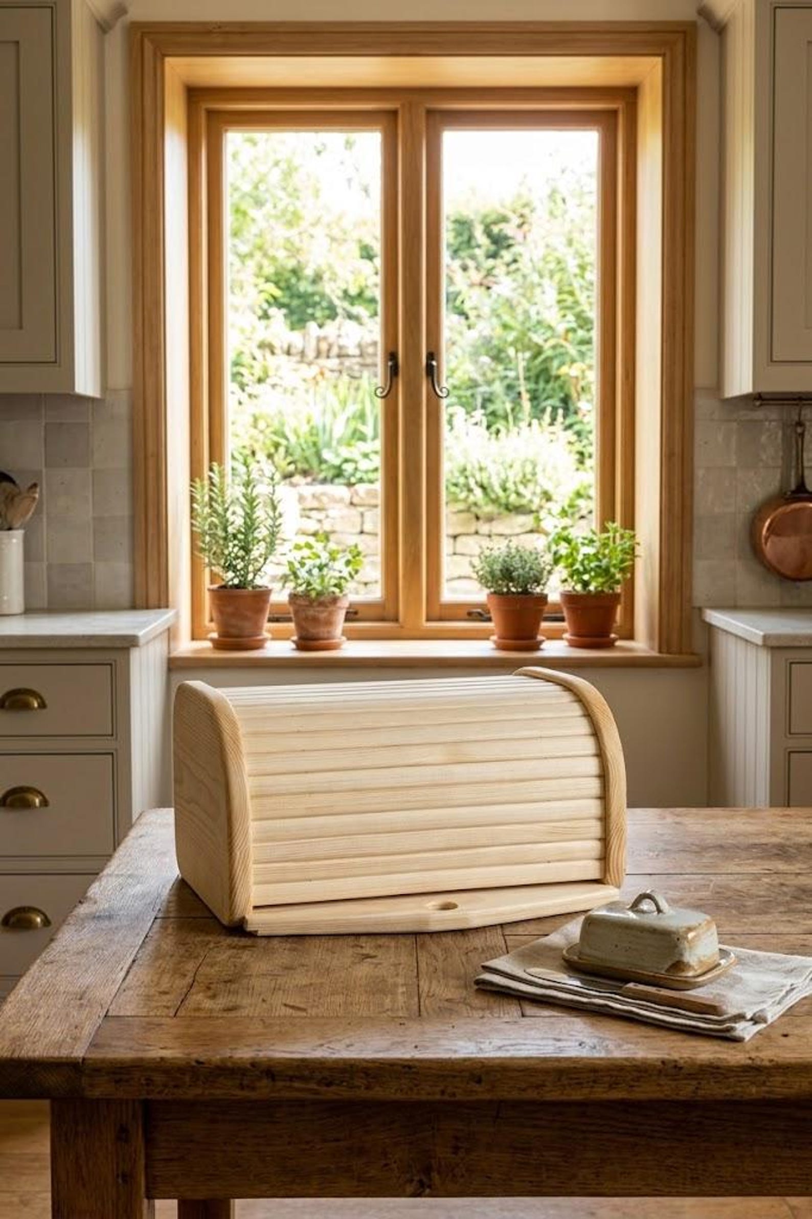 Wooden Roll Top Bread Box With Integrated Pull Out Cutting Board ...