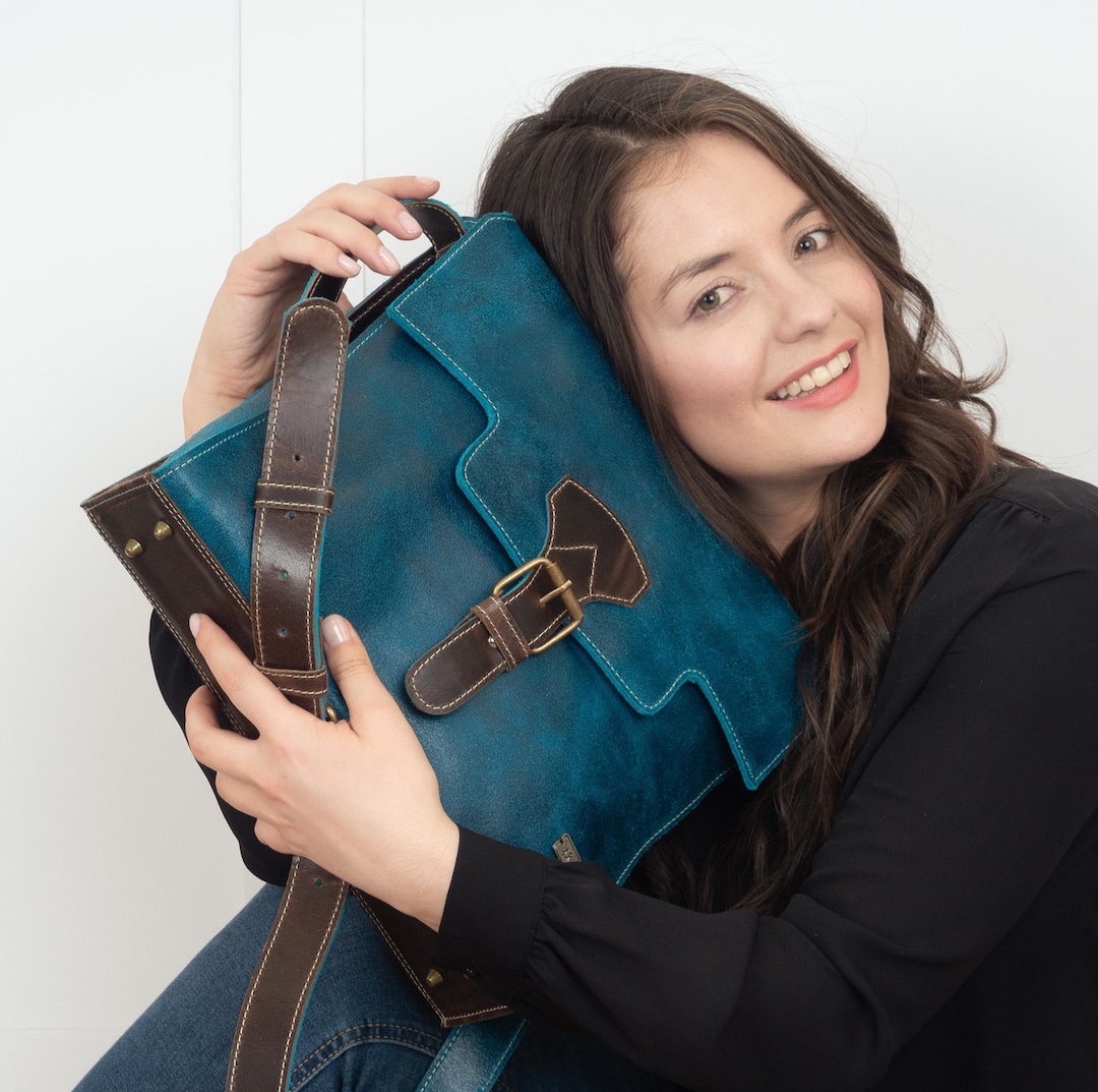 Blue Leather Crossbody Bag for Women, Teal Satchel Bag for Work ...