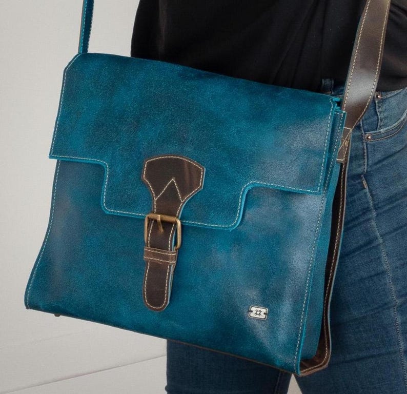 Blue Leather Crossbody Bag for Women, Teal Satchel Bag for Work ...