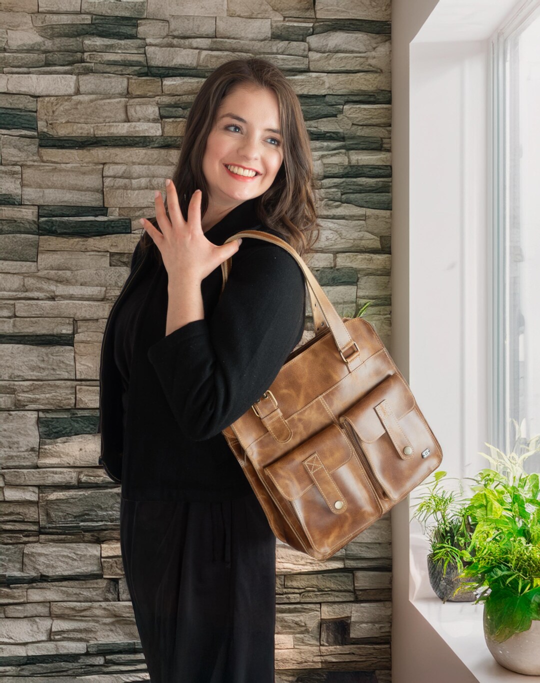 Brown Leather Tote Bag for Women - Vintage Shoulder Bag With Pockets ...