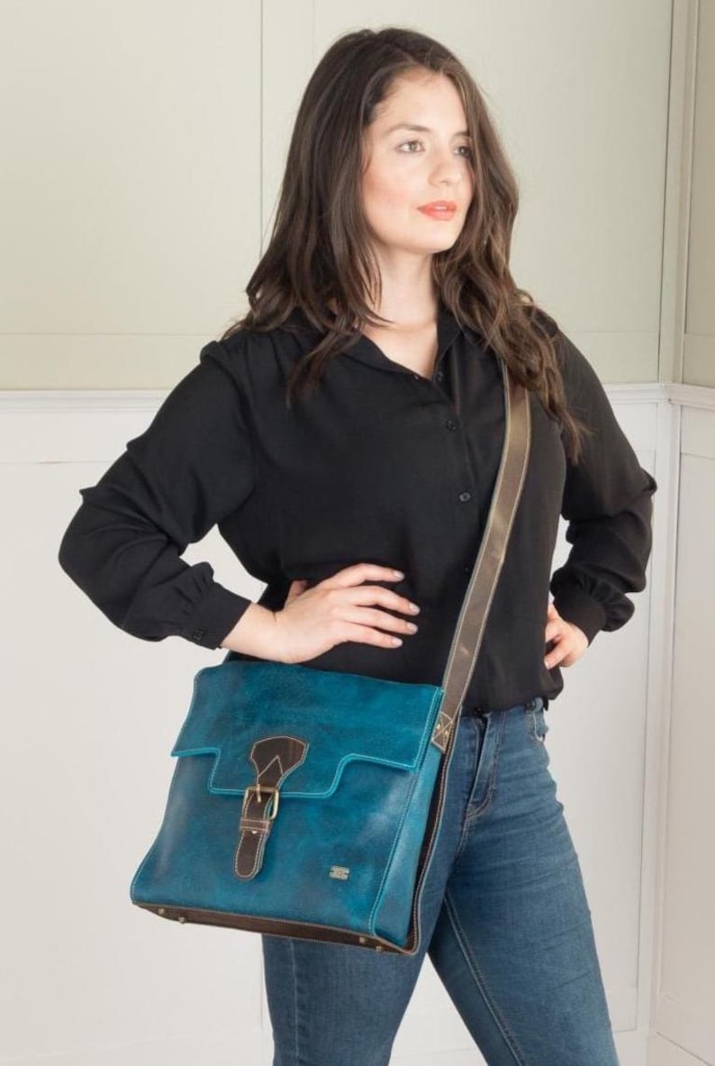Blue Leather Crossbody Bag for Women, Teal Satchel Bag for Work ...