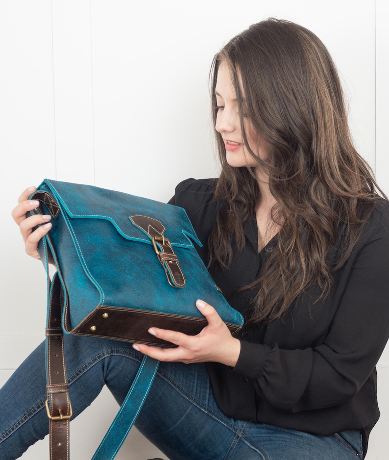 Blue Leather Crossbody Bag for Women, Teal Satchel Bag for Work ...