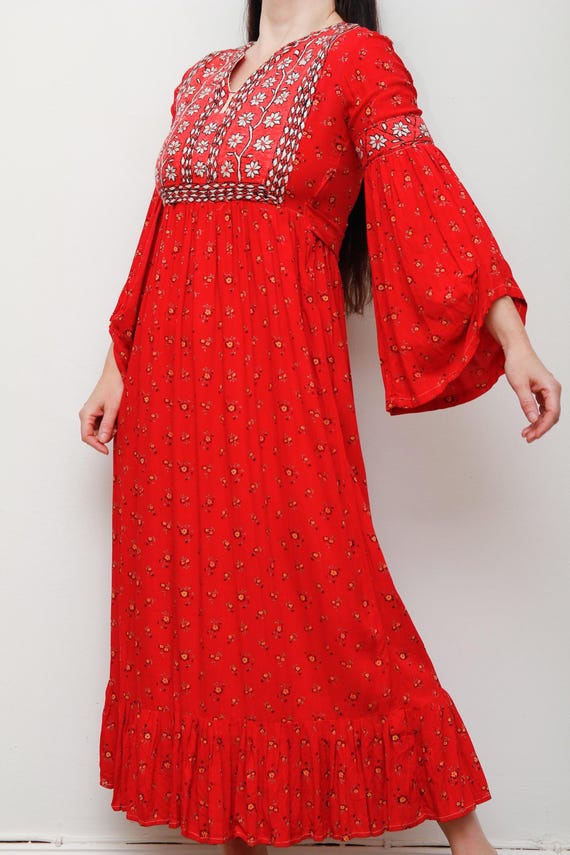 70s Red Floral Afghan Dress with Bohemian Flared Slee… - Gem