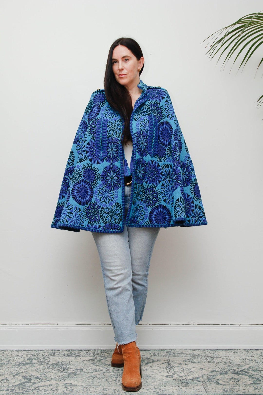1970's Blue Floral Tapestry Cape, Vintage Geometric Flowers, Carpet ...
