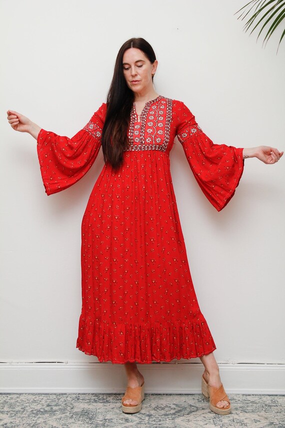 70s Red Floral Afghan Dress with Bohemian Flared Slee… - Gem