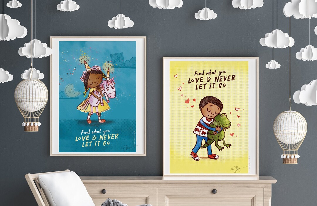 Dino Hug or Unicorn Hug Wall Art, Black or Mixed Race Kids, Uplifting ...