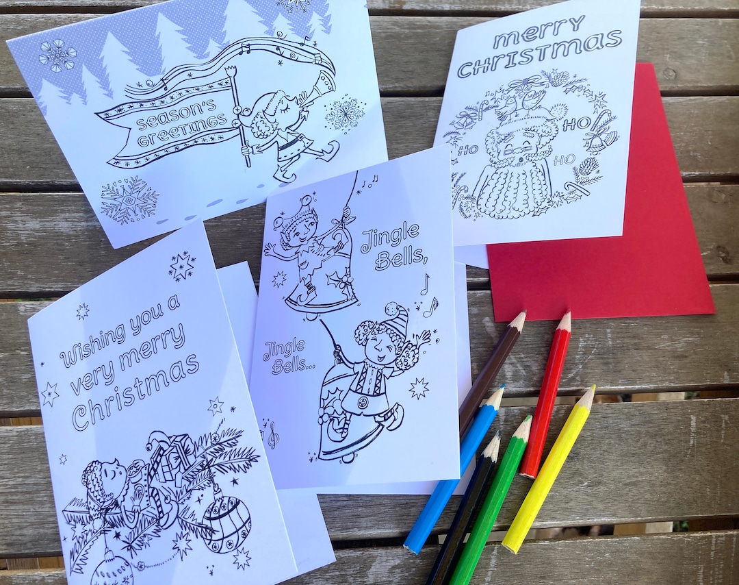 Kids Christmas Colouring Cards set of 4 Cards Colour Me in Holiday Card ...