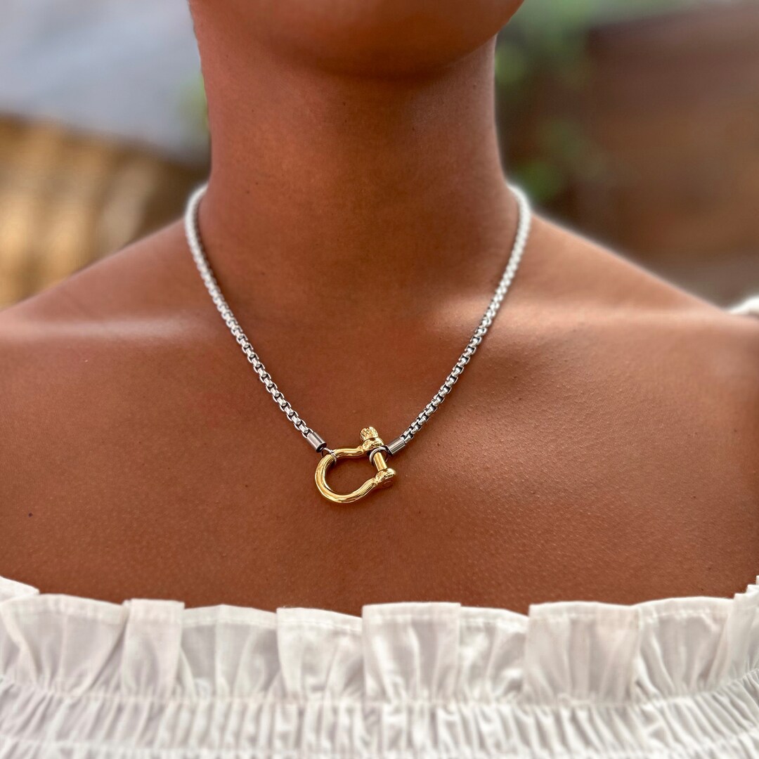 Two Tone Carabiner Chain Necklace- Chunky Chain Necklace, Silver and ...