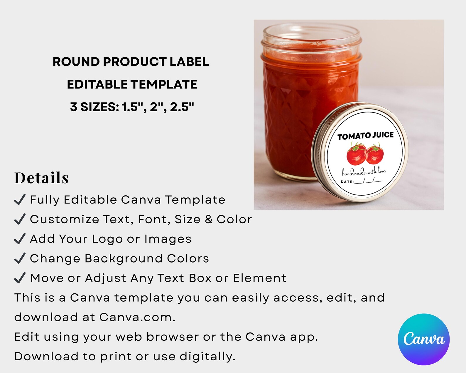 Editable Canning Label for Tomato Juice – Canva Template – 1.5", 2", 2. ...