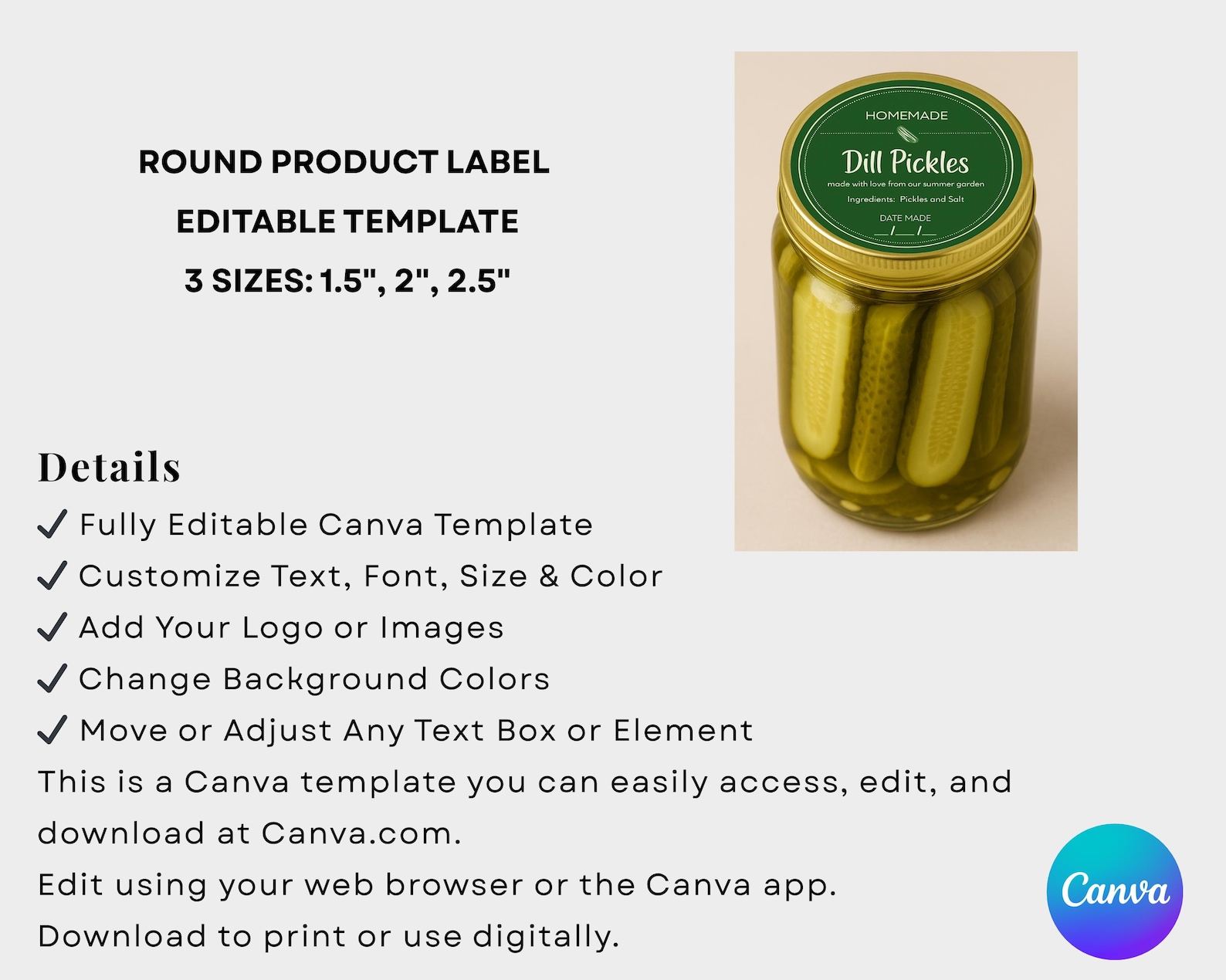 Editable Dill Pickle Canning Label Template - Printable Jar Lid Sticker ...