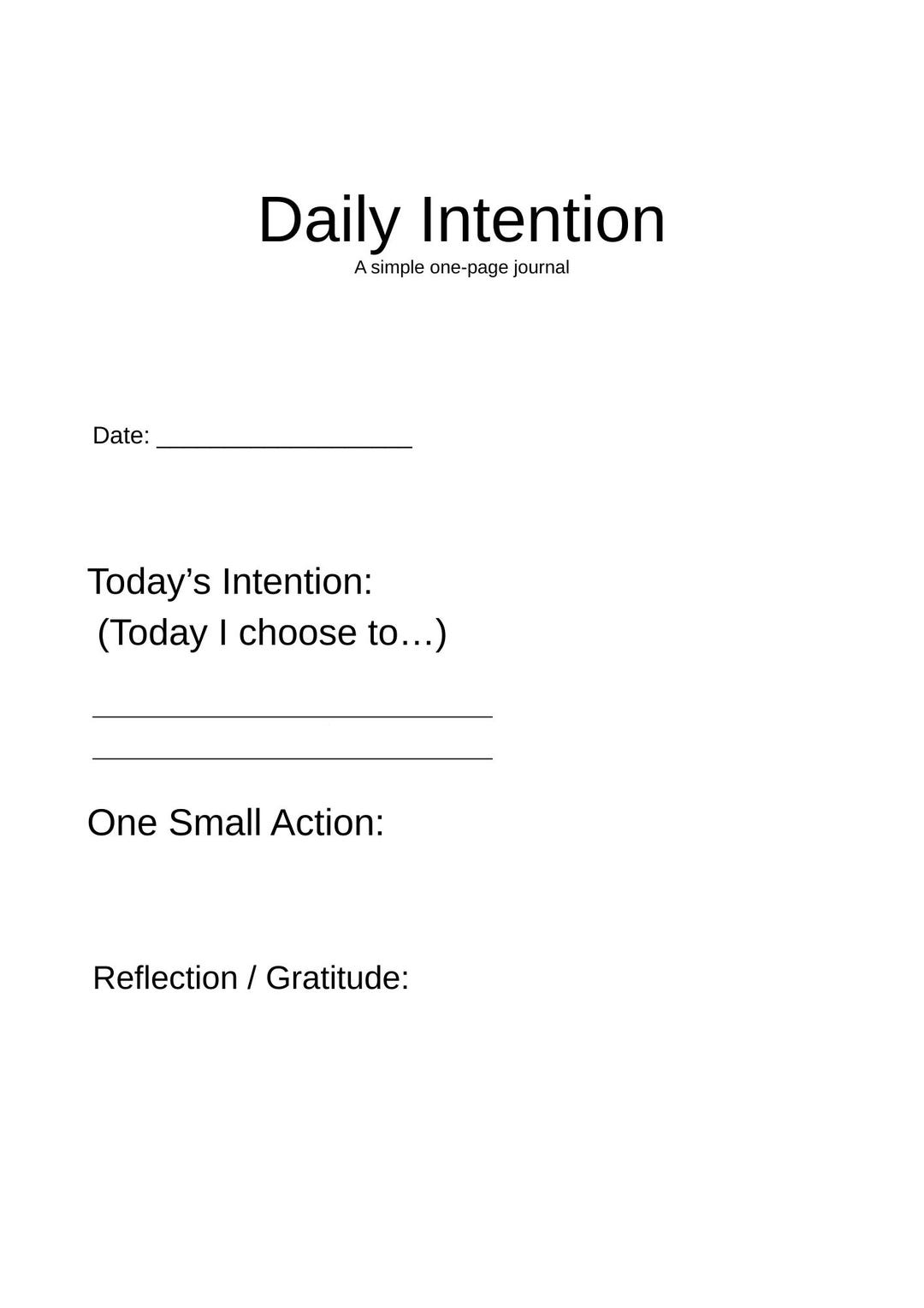 Daily Intention Printable | Minimal One Page Journal | Digital Download ...