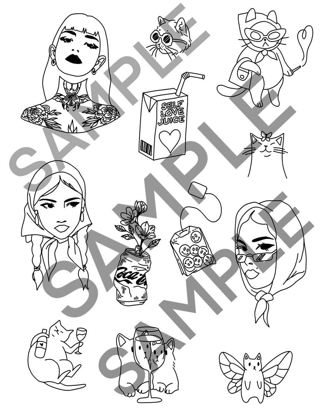 Girls and Cats Tattoo Flash Sheet - Unique Tattoo Designs (digital ...
