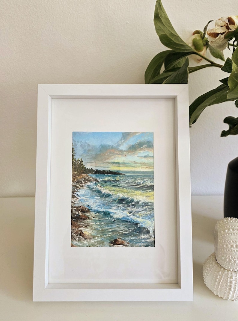 Original Oil Pastel Seascape Painting, Framed Ocean Shore Wall Art - Etsy