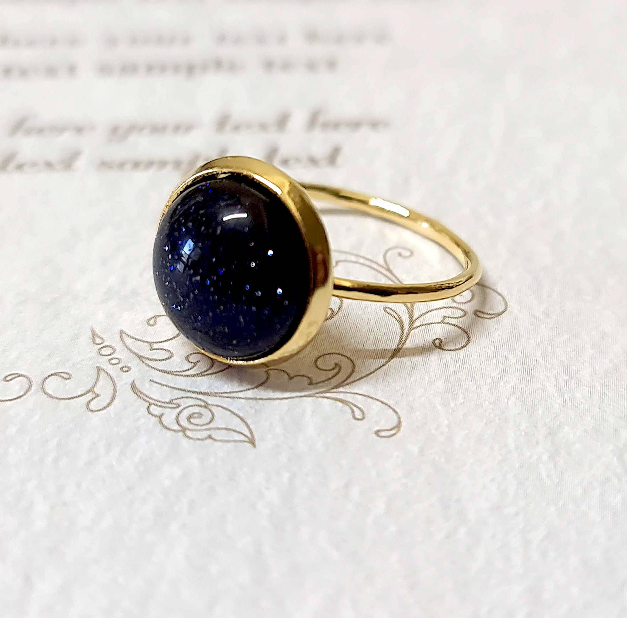 Blue Goldstone Ring Gemstone Gold Ring large ring Statement | Etsy