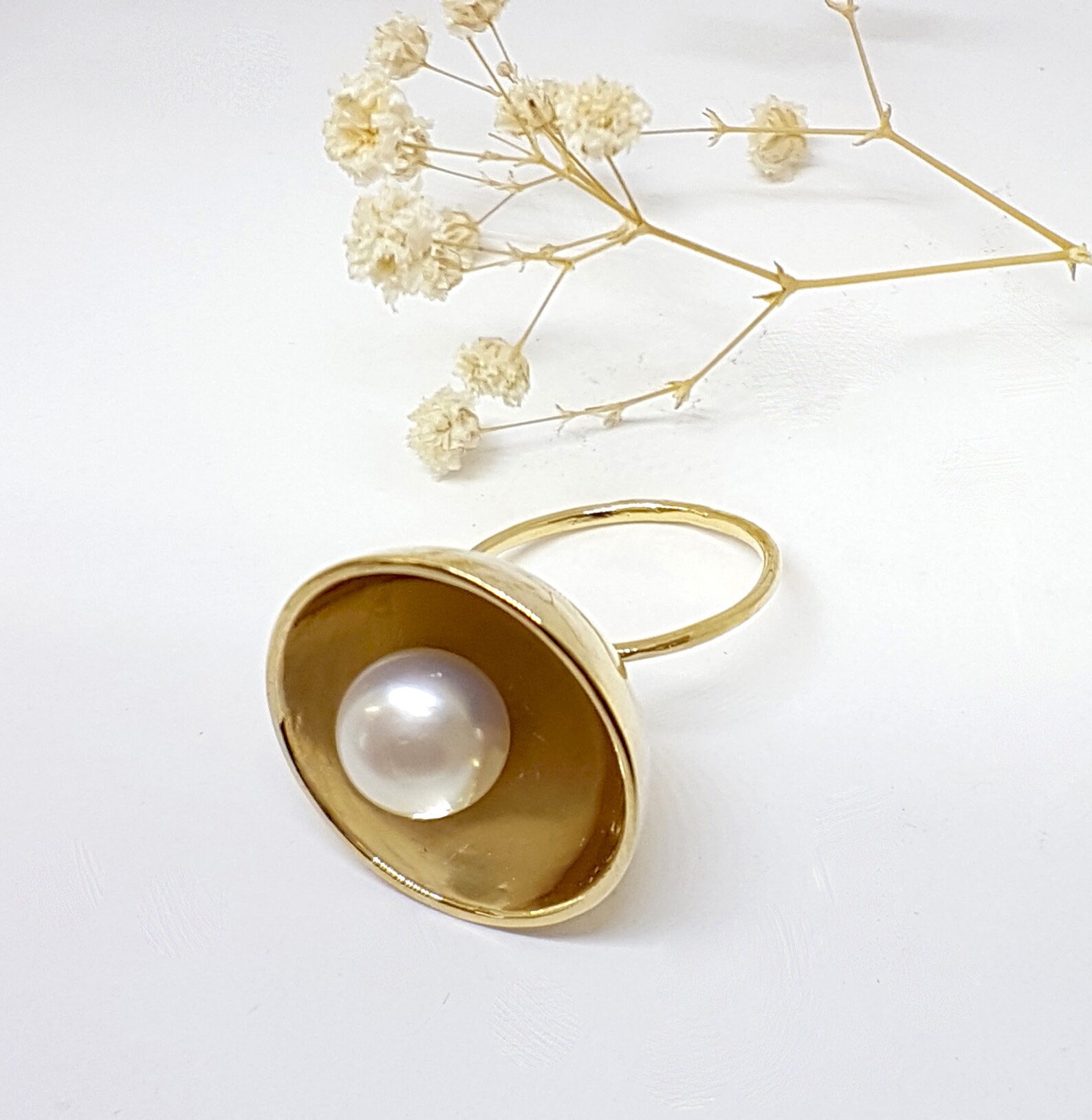 Women Gift Gold Statement Ring Gold Pearl Ring Pearl | Etsy