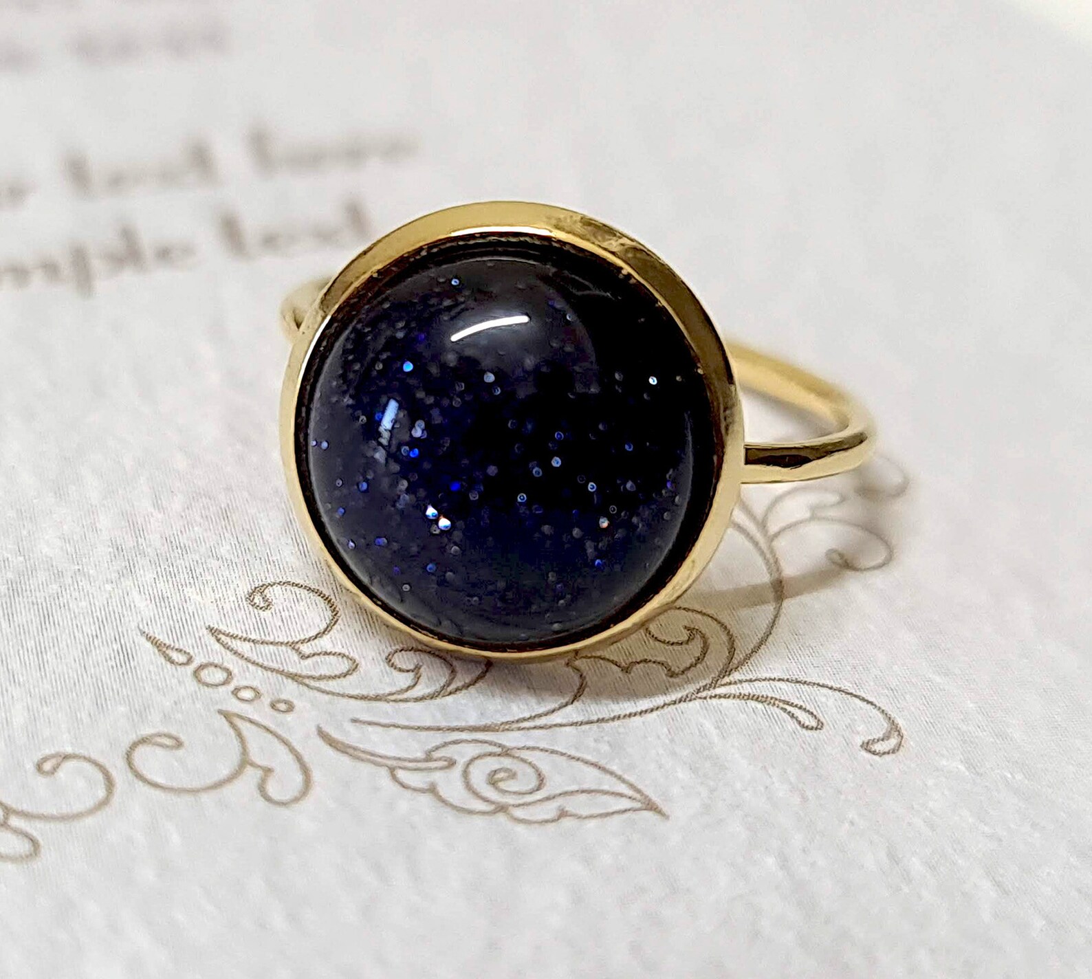 Blue Goldstone Ring Gemstone Gold Ring large ring Statement | Etsy