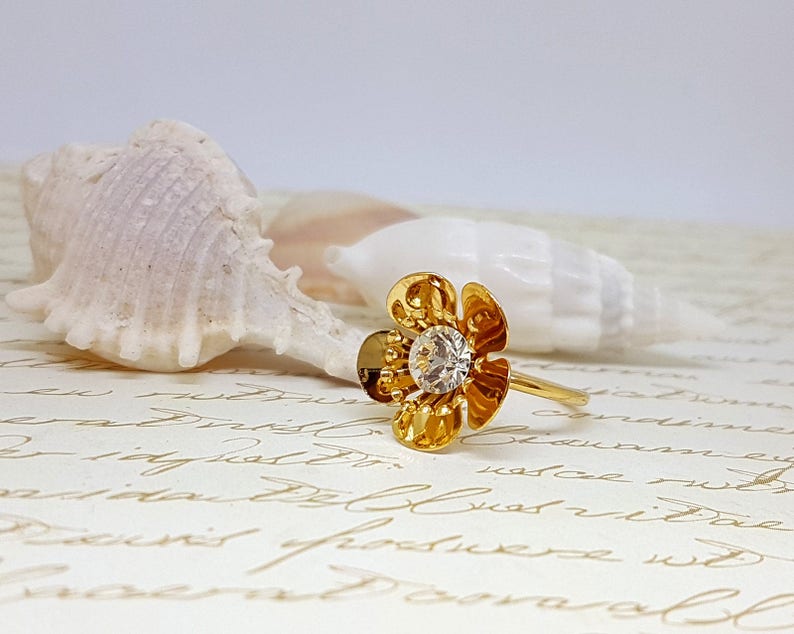 Gold Flower Ring Gold Rhinestones Ring Gold Nature Rings - Etsy