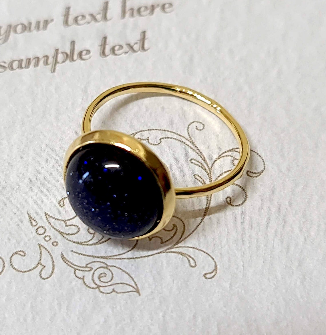 Blue Goldstone Ring Gemstone Gold Ring large ring Statement | Etsy