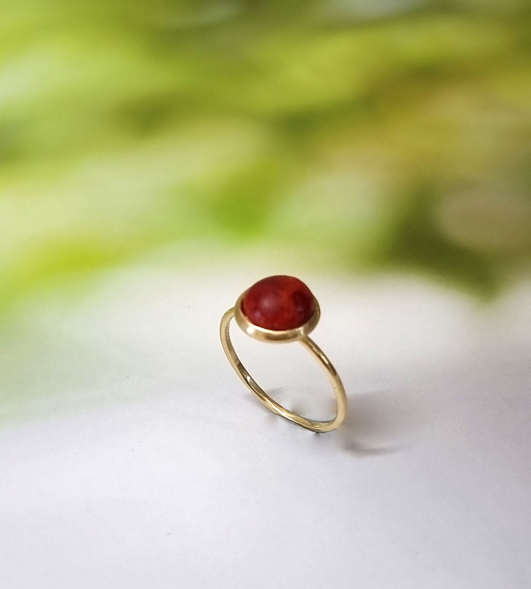 Natural Coral Ring, Round Coral Gold Ring, April Birthstone, Zodiac ...