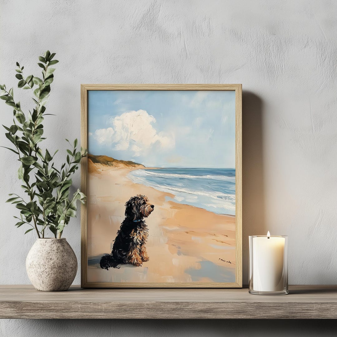 Black and Tan Cockapoo Oil Painting Wall Art Print, Cockapoo Beach Oil ...