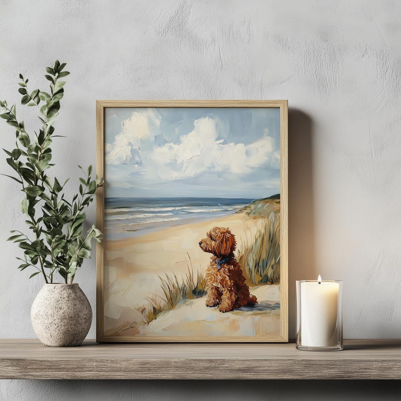 Red Cavapoo Beach Art Print, Cavapoo Gift, Coastal Textured Art, Beach ...